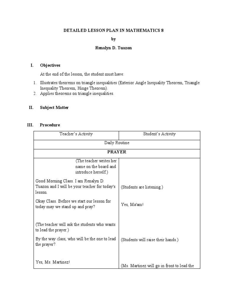 Detailed Lesson Plan in Mathematics 8 | PDF | Lesson Plan | Prayer