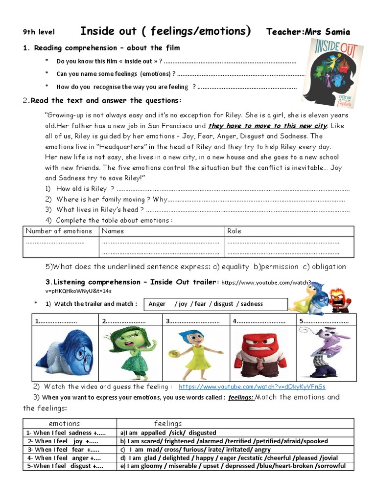 Inside Out (Feelings/emotions: 2.read The Text and Answer The Questions ...