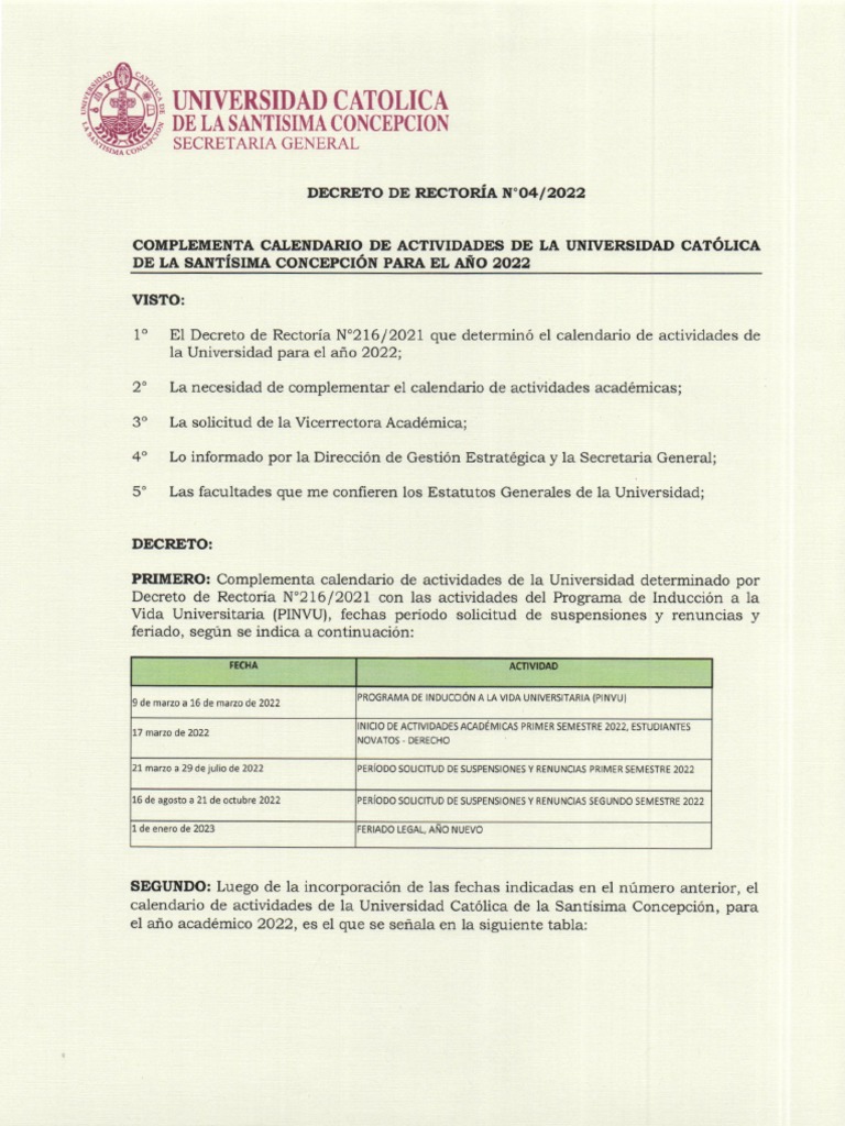 Calendario UCSC 2022: Actividades Académicas | PDF | Estudiantes | Academia