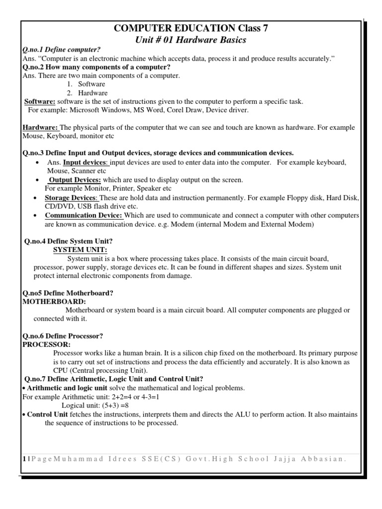 Computer Education Class 7: Unit # 01 Hardware Basics | PDF | Computer Hardware | Random Access ...