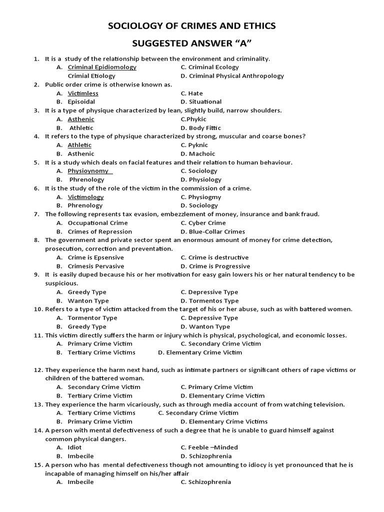 Sociology of Crimes and Ethics Suggested Answer "A" | PDF | Criminology ...