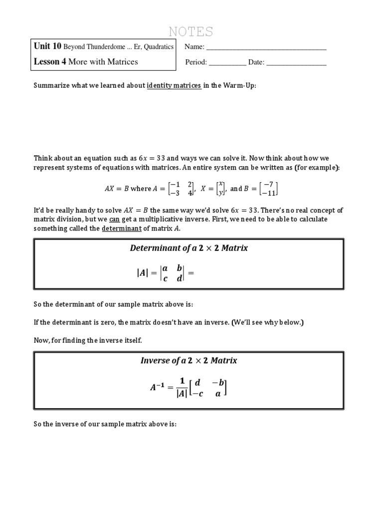 Sec 2 Notes-Unit 10 Lesson 4-Inverse Matrices | PDF | Teaching Methods ...