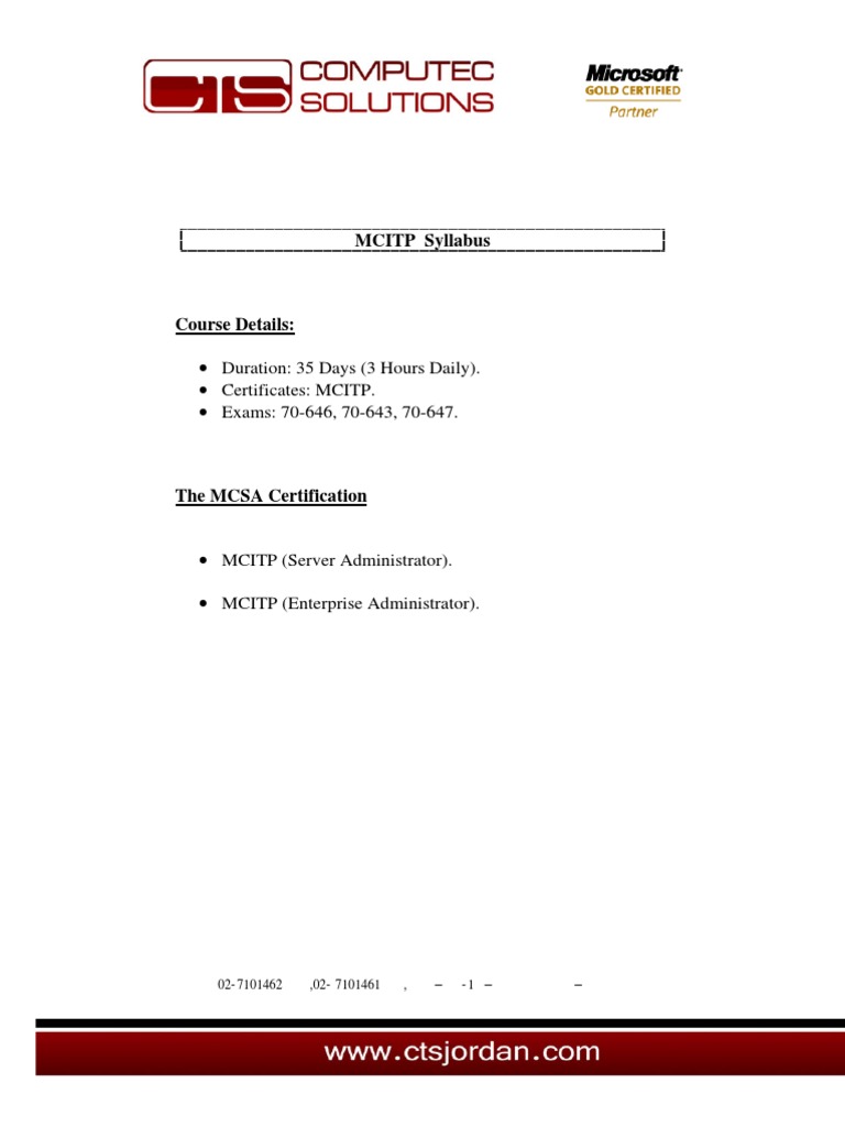MCITP Syllabus: - Duration: 35 Days (3 Hours Daily) - Certificates ...