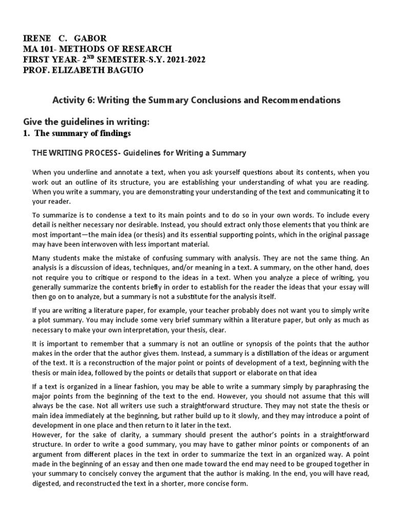 Ma 101 - Activity 6 - Guidelines in Writing Summary of Findings ...