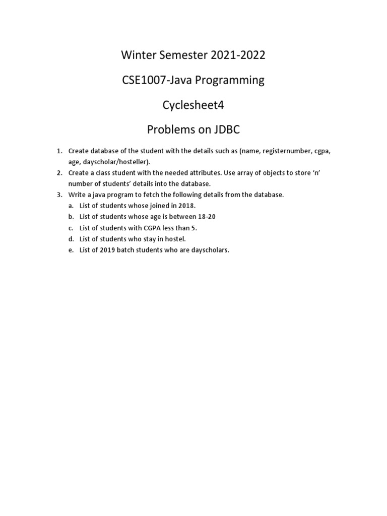 JDBC Java Programming Tasks for Students | PDF