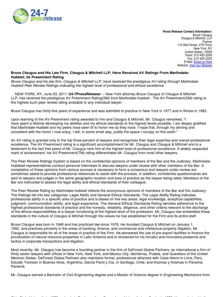 Bruce Claugus and His Law Firm, Claugus & Mitchell LLP, Have Received ...