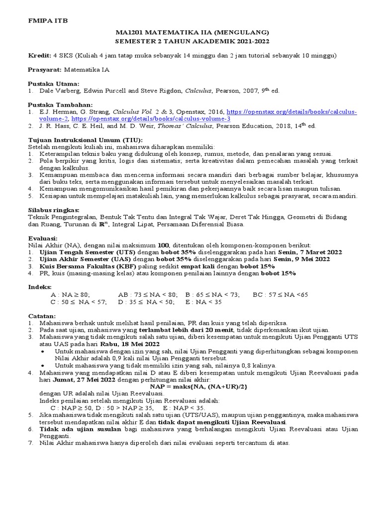 2022 Silabus Kalkulus IIA (2-2021) - Mengulang | PDF