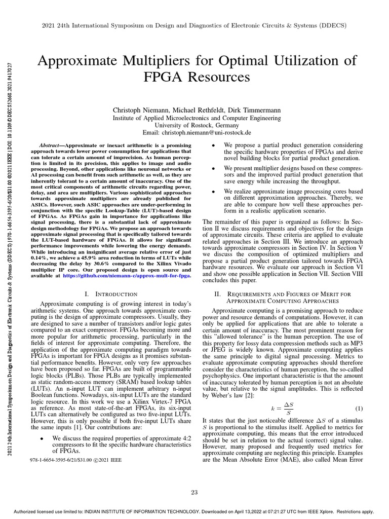 Approximate Multipliers For Optimal Utilization Of Fpga Resources Pdf Field Programmable
