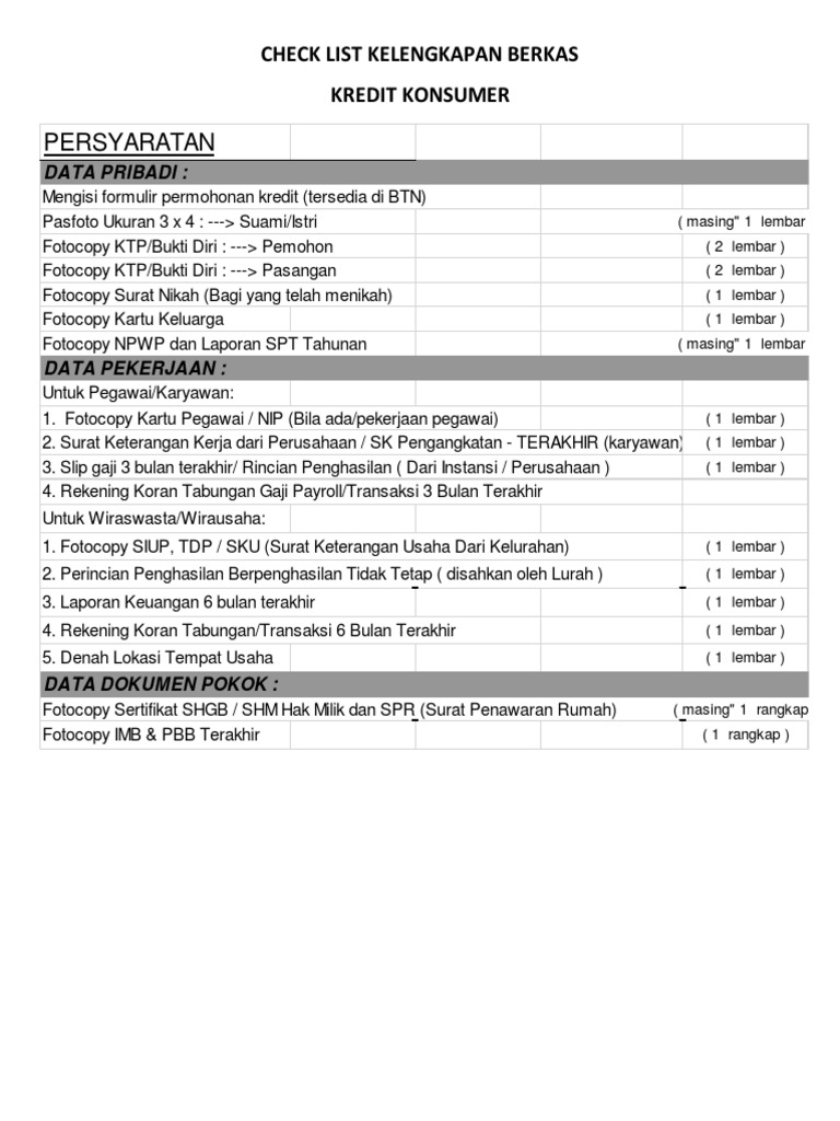 Check List Kelengkapan Berkas Kredit Konsumer | PDF