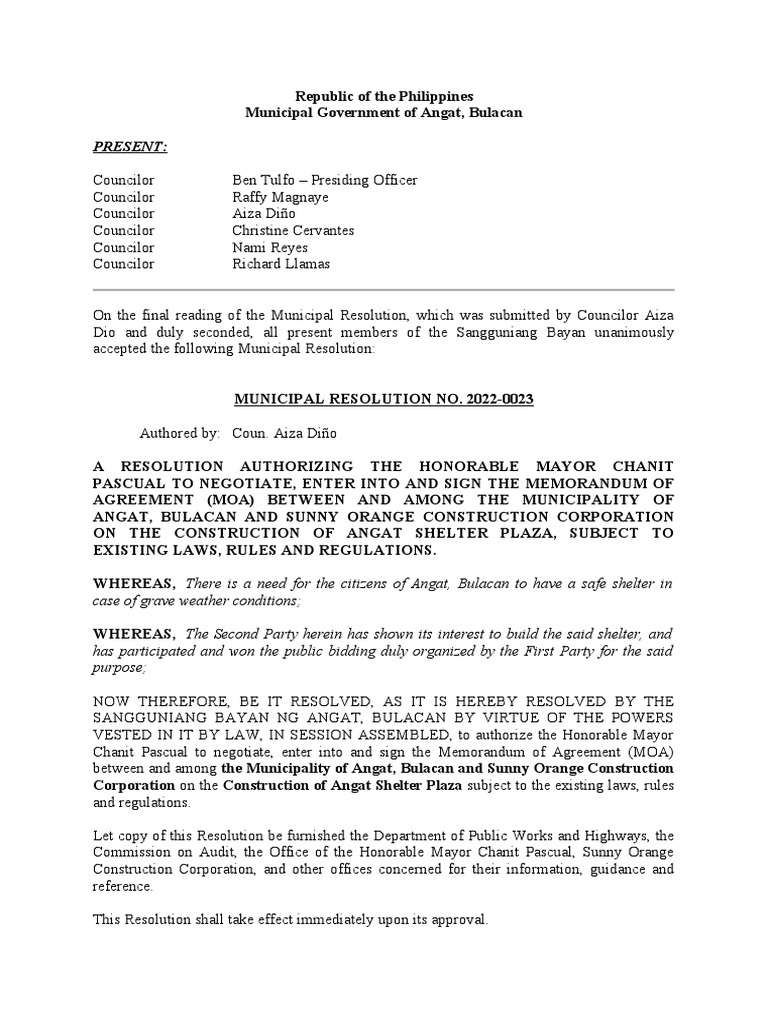 Resolution Authorizing Mayor To Negotiate and Sign MOA | Download Free ...