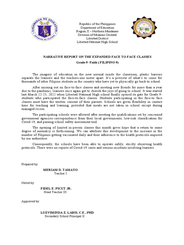 Narrative Report on Face-to-Face Classes | PDF