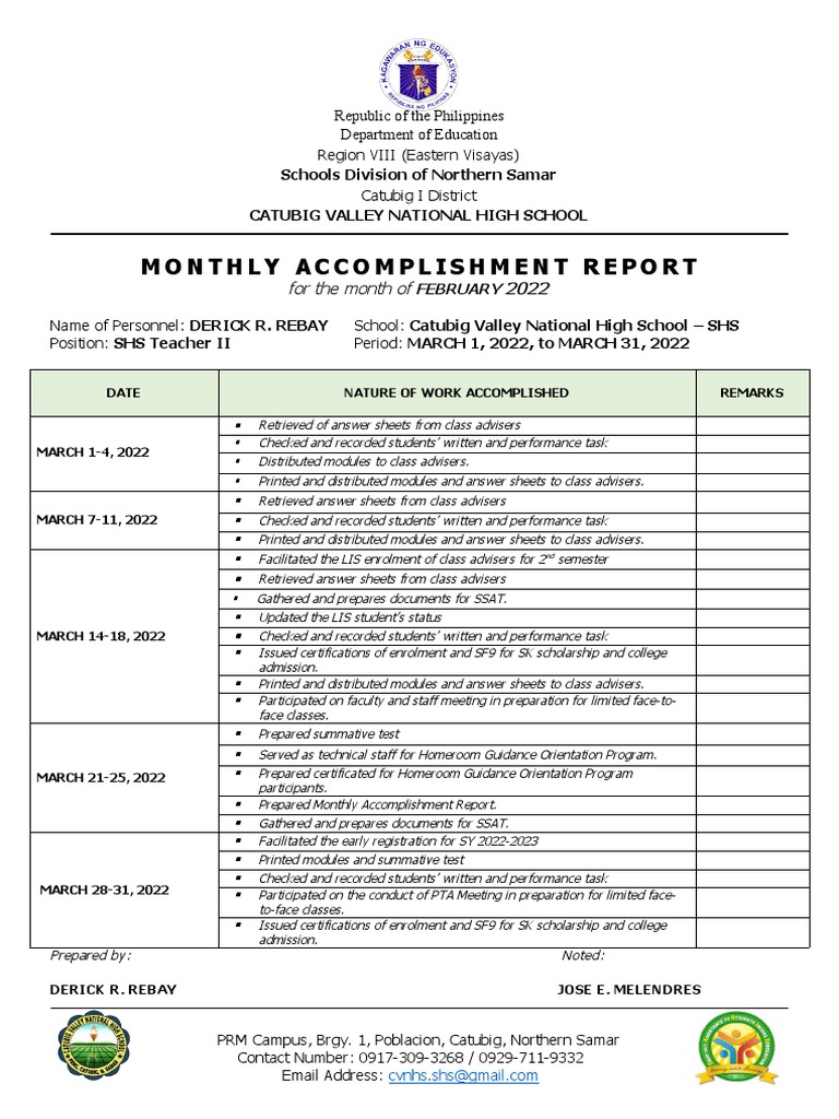Monthly Accomplishment Report (March 2022) | PDF | Students ...