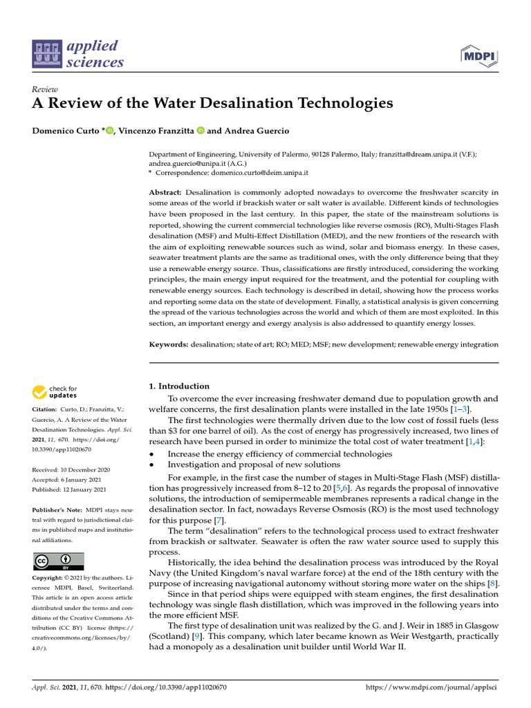 Applied Sciences: A Review of The Water Desalination Technologies | PDF ...