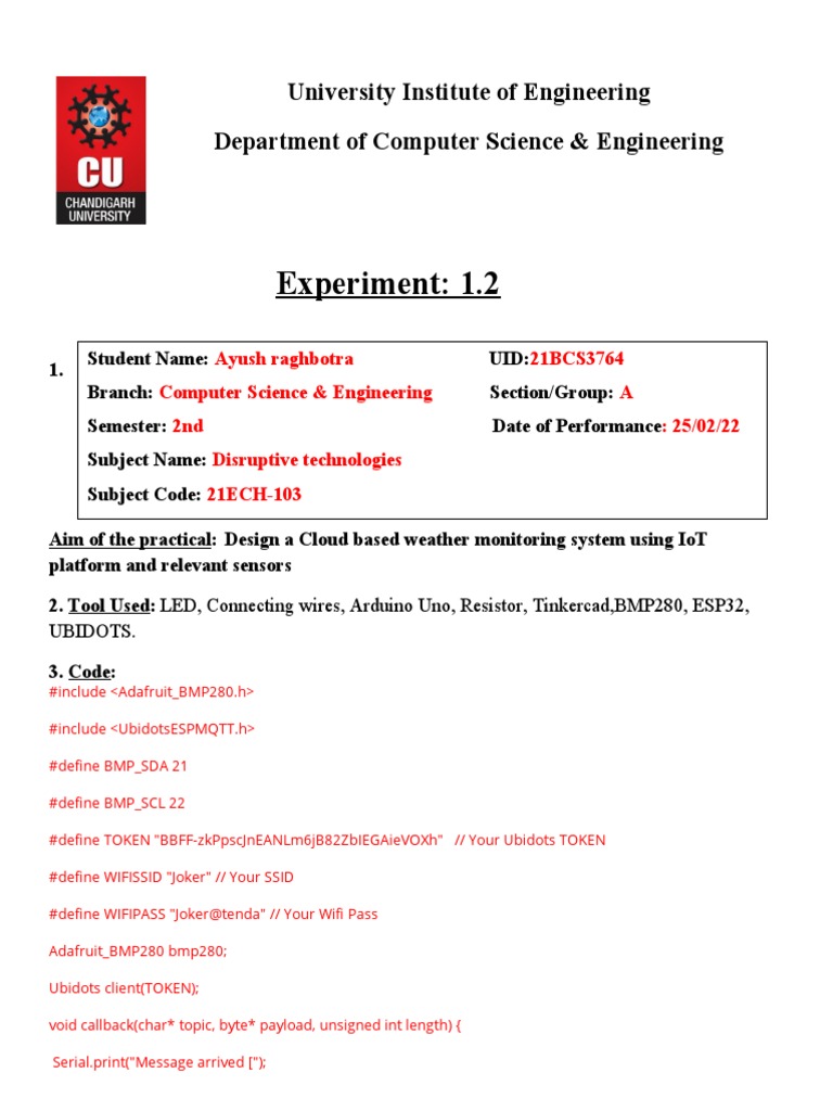 Experiment: 1.2: University Institute of Engineering Department of Computer Science ...