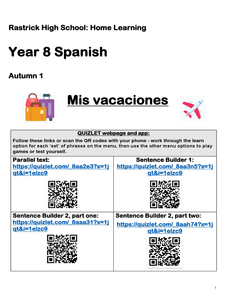 Year 8 Spanish: Mis Vacaciones Revision | PDF | Grammatical Tense ...