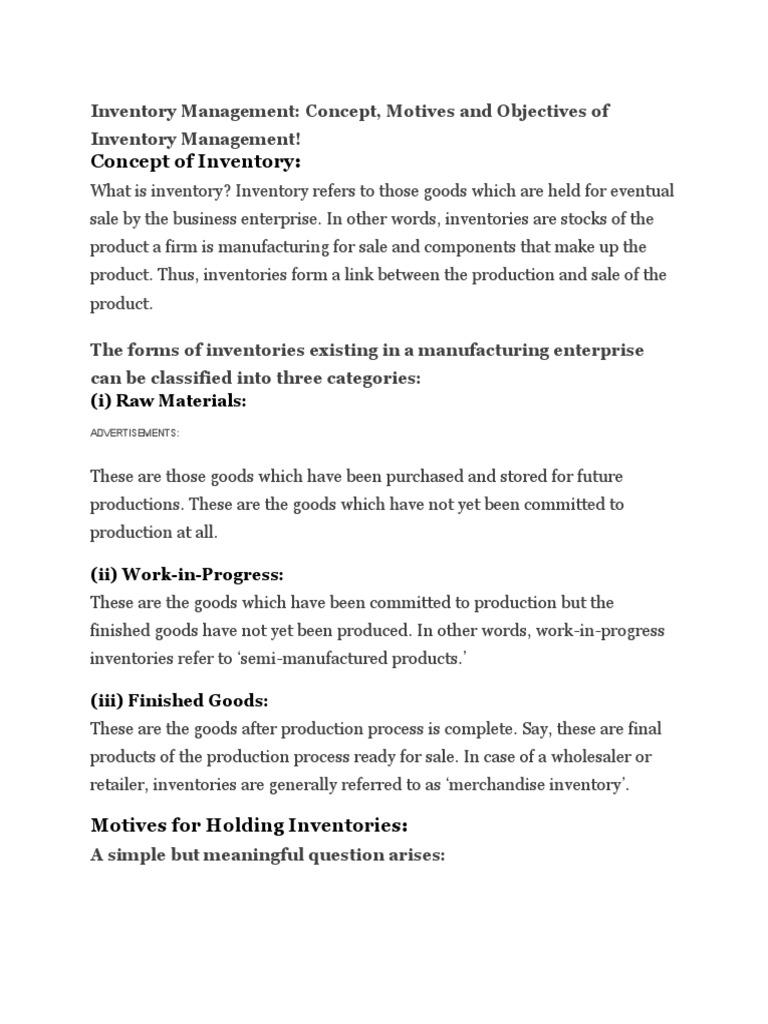 Inventory Management: Concept, Motives and Objectives of Inventory ...