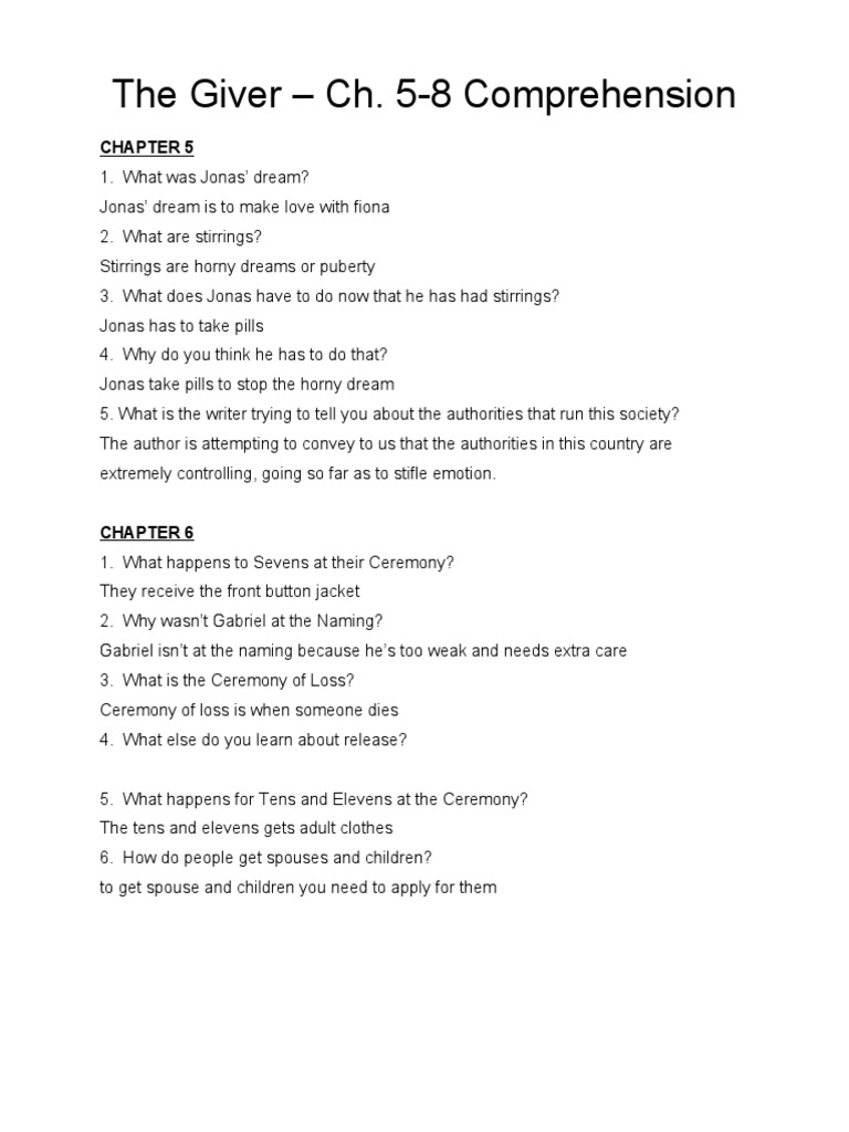 The Giver CH 5-8 Comprehension | PDF
