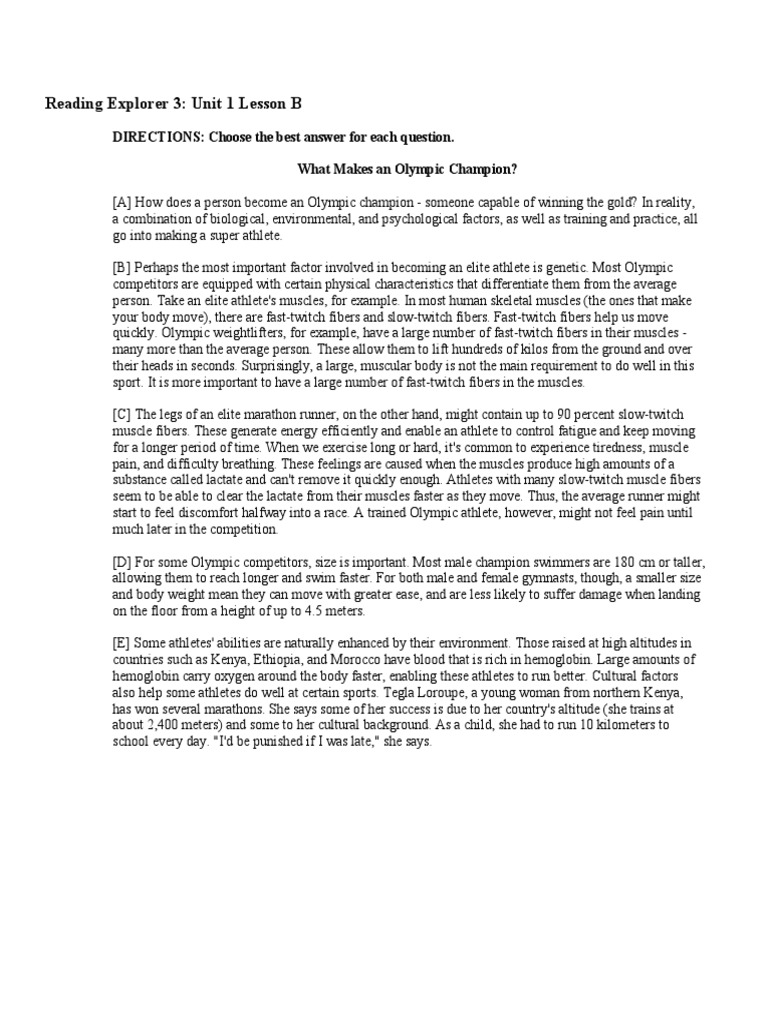 Reading Explorer 3A Homework | PDF | Skeletal Muscle | Swimming (Sport)