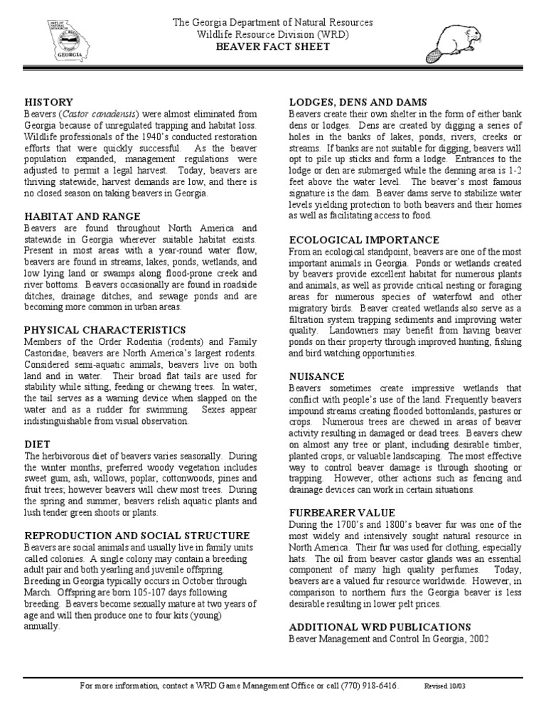 Beaver Fact Sheet PDF | PDF | Beaver | Pond