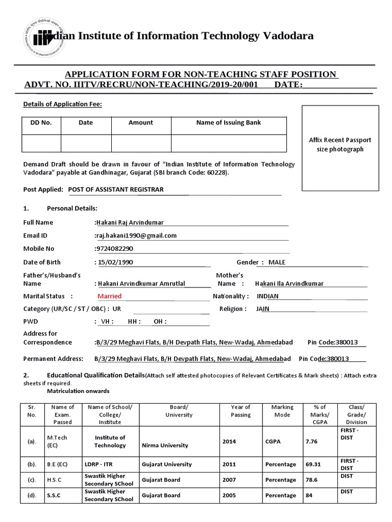 Application Form For Non-Teaching Posts | PDF