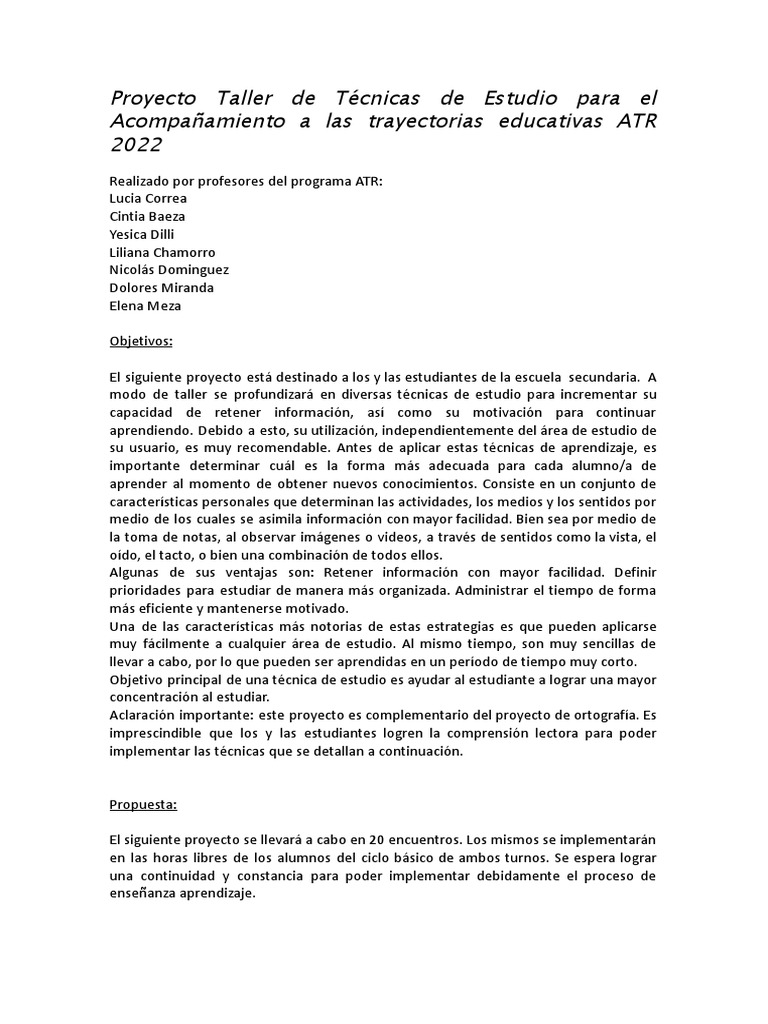 PROYECTO TECNICAS DE ESTUDIO | PDF | Habilidades de estudio | Aprendizaje
