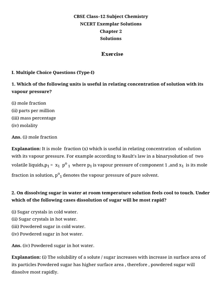 CBSE Class 12 Chemistry Solutions | PDF | Osmosis | Mass Concentration ...