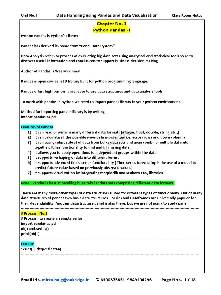 Data Handling Using Pandas And Data Visualization Assessment1 Class Room Notes Pdf Data