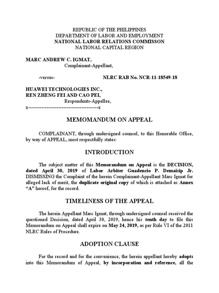 Sample Memorandum of Appeal NLRC | PDF | Affidavit | Employment