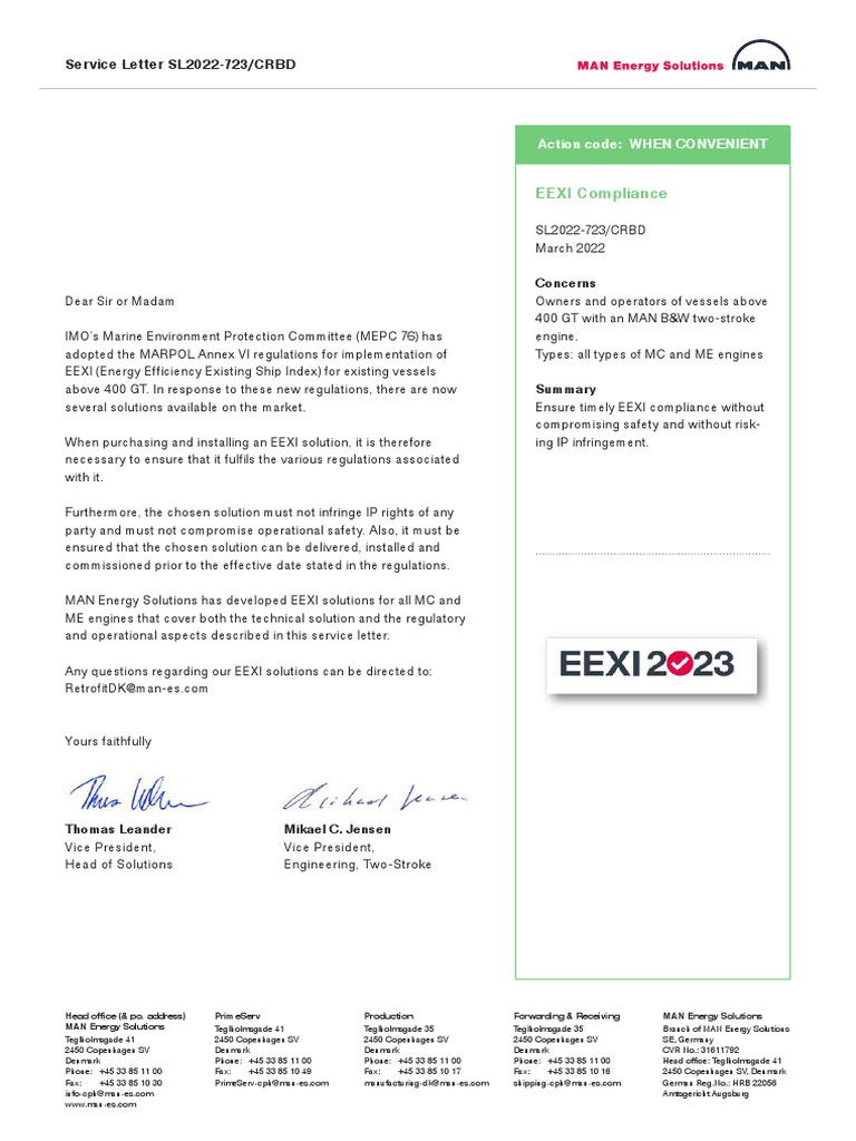 Pancaran MAN Service Letter - EEXI and Engine Power Limitation | PDF ...