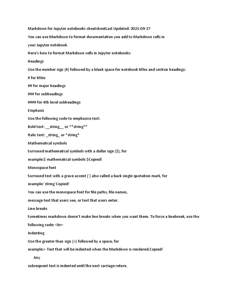 Markdown For Jupyter Notebooks Cheatsheet | PDF | Software | Typography