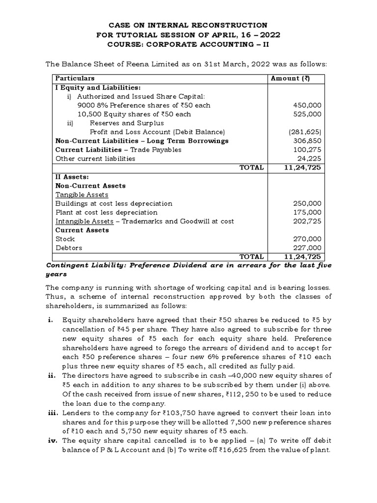 CASE ON INTERNAL RECONSTRUCTION-April 16, 2022 | PDF | Equity (Finance ...