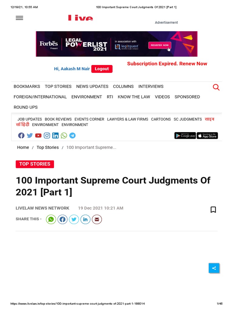 100 Important Supreme Court Judgments of 2021 (Part 1) | Download Free PDF | Supreme Court Of ...