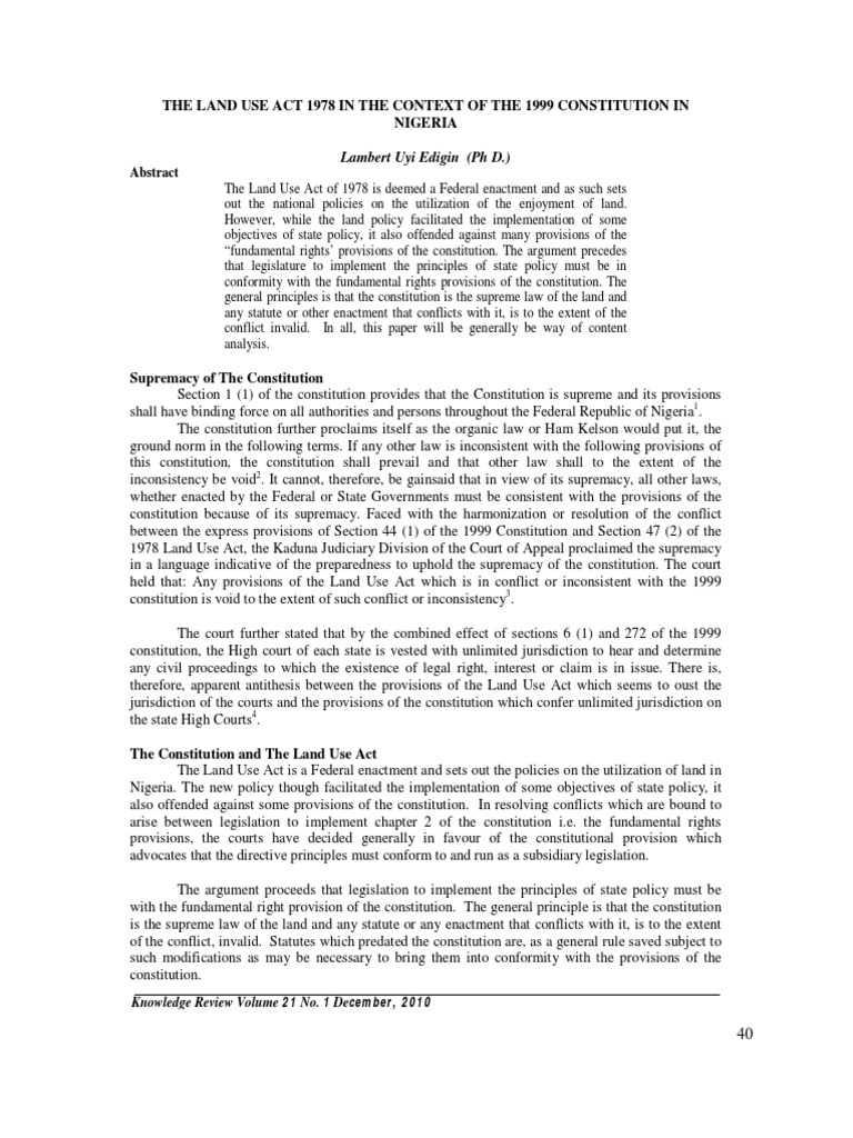 The Land Use Act 1978 in The Context of The 1999 Constitution in ...