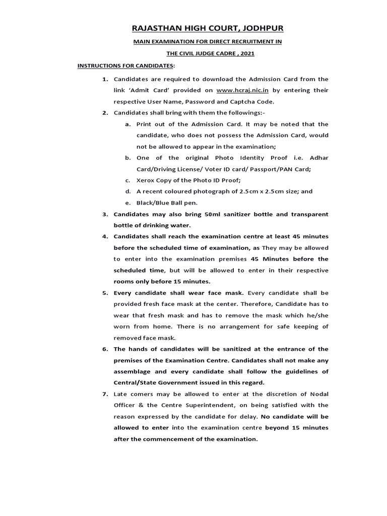 Rajasthan High Court Civil Judge Exam Instructions | PDF | Clothing ...