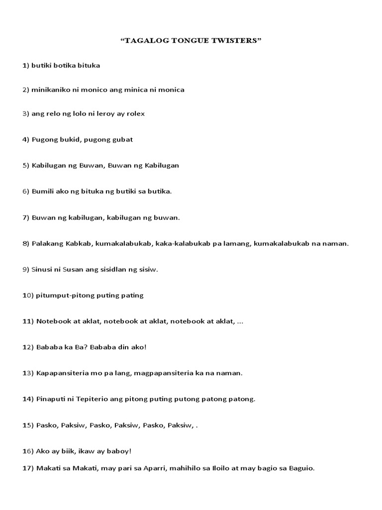 Tagalog Tongue Twisters | PDF