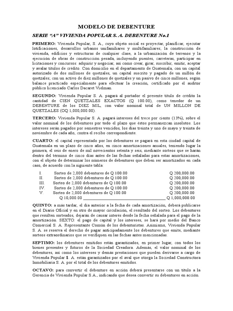 Modelo de Debenture | PDF | Amortización (Negocio) | Guatemala