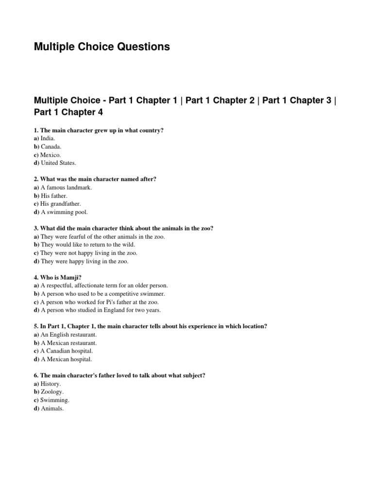 Multiple Choice Questions on Pi's Story | PDF | Zoo