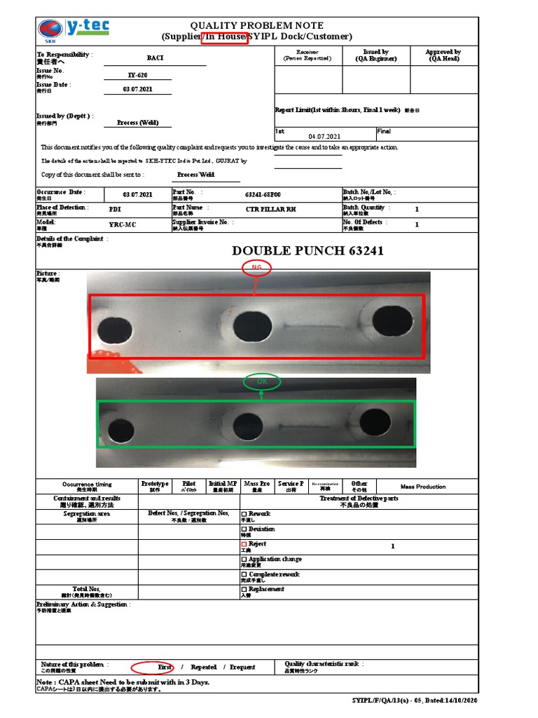 Double Punch 63241: Quality Problem Note (Supplier/In House/SYIPL Dock ...