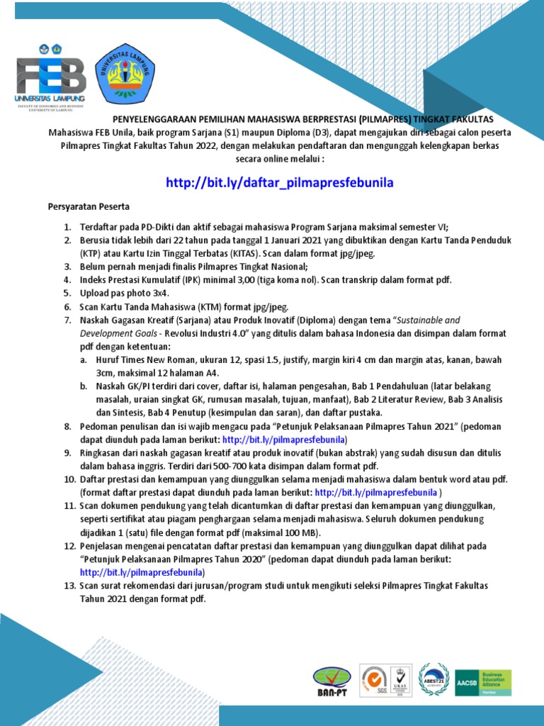 Persyaratan Peserta Pilmapres Feb Unila 2022 | PDF