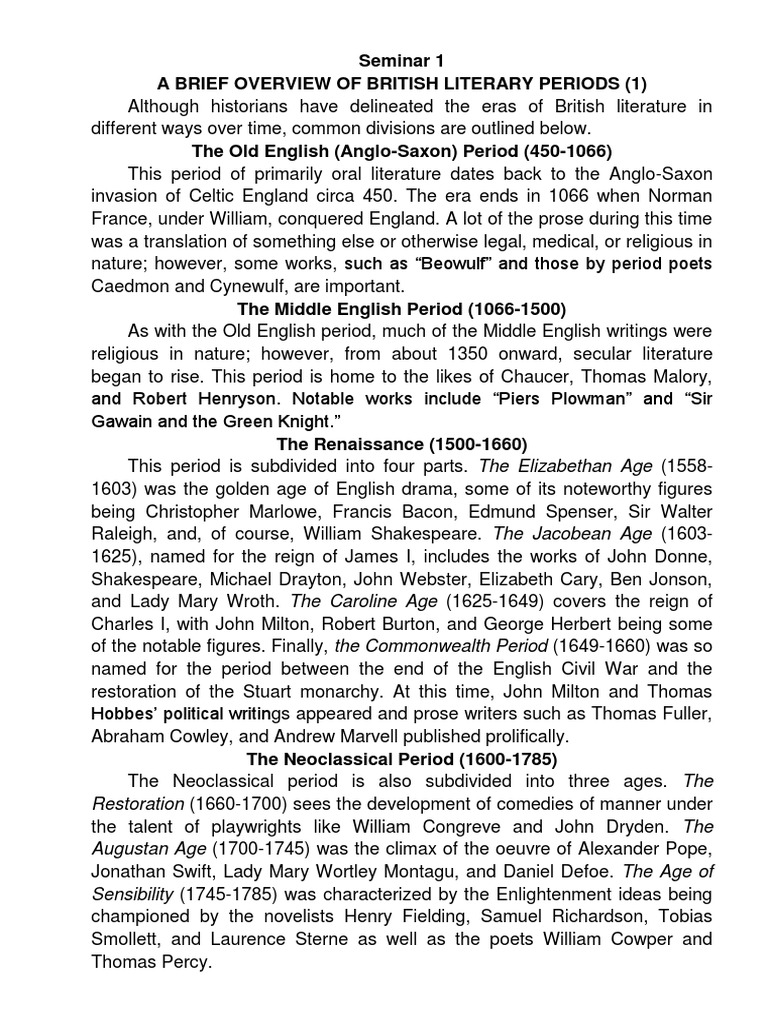Seminar 1 A Brief Overview of British Literary Periods | PDF | British Literature | Writers
