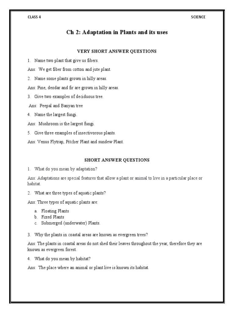 CH 2: Adaptation in Plants and Its Uses: Very Short Answer Questions | PDF