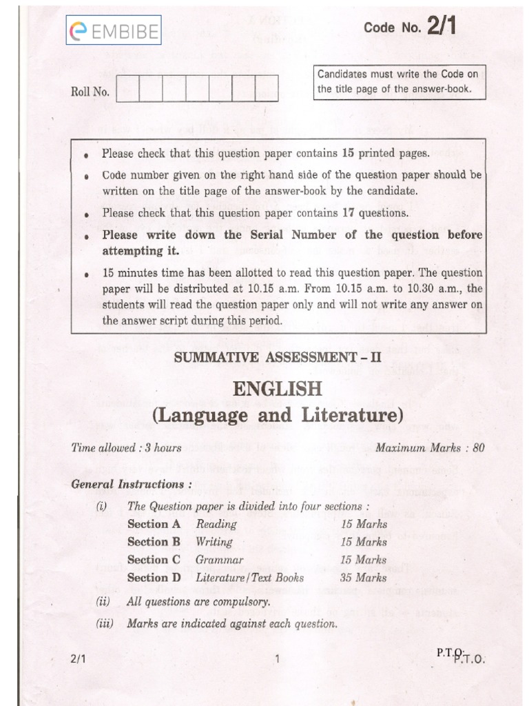 CBSE Class 10 English Question Paper 20121 | PDF