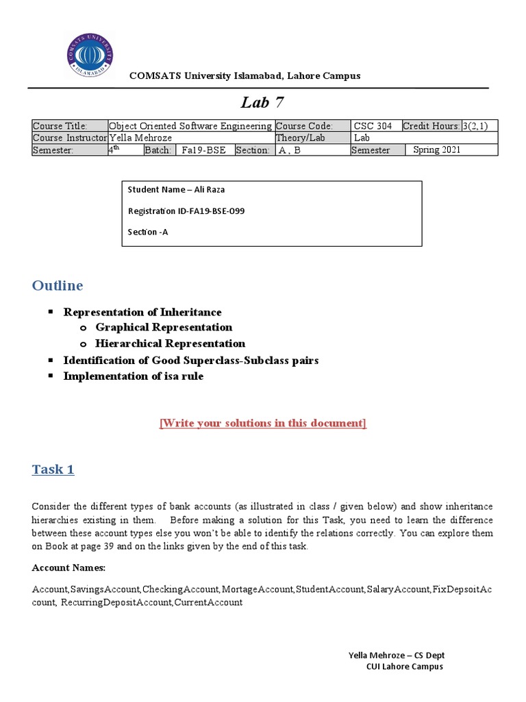 Fa19 Bse 099 Lab 7 Pdf Inheritance Object Oriented Programming Object Oriented Programming