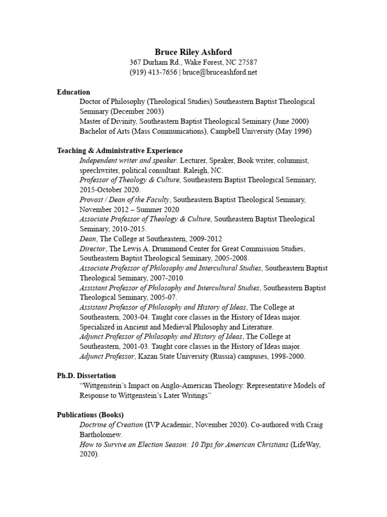 Dr. Bruce Riley Ashford's CV | PDF | Social Science | Religion ...