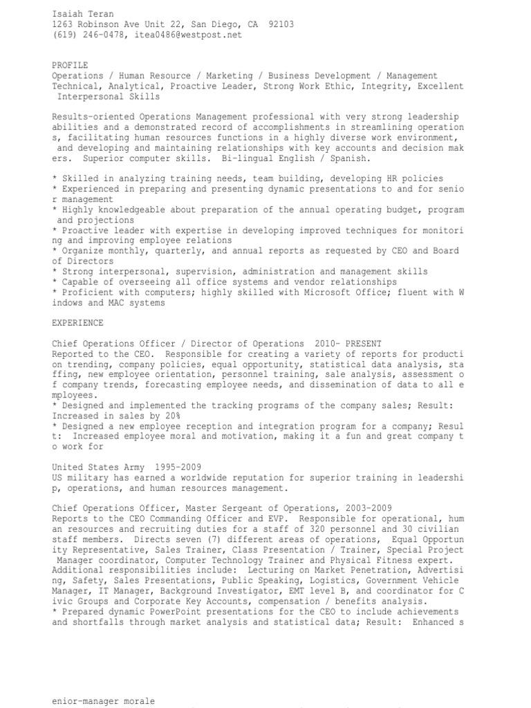 Operations and HR Leadership Profile | PDF | Chief Operating Officer ...