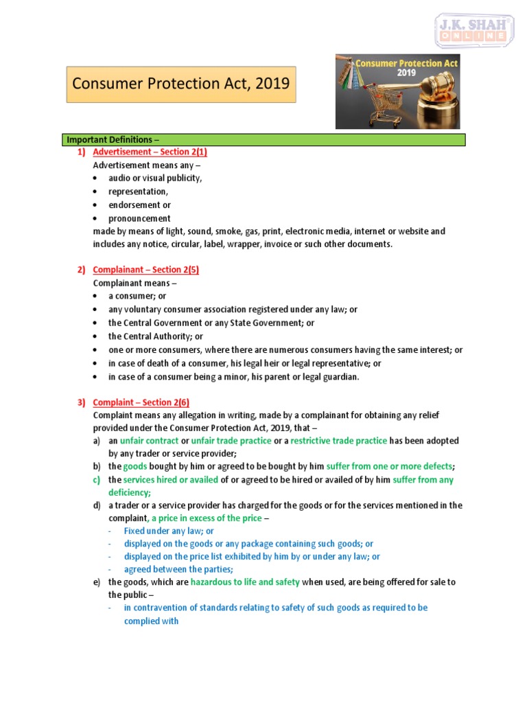 Consumer Protection Act, 2019: Important Definitions | PDF | Mediation ...