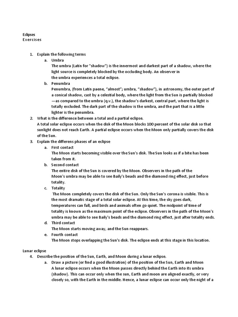 Eclipses Exercises | PDF | Solar Eclipse | Shadow