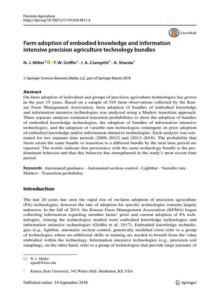 Farm Adoption of Embodied Knowledge and Information Intensive Precision Agriculture Technology ...