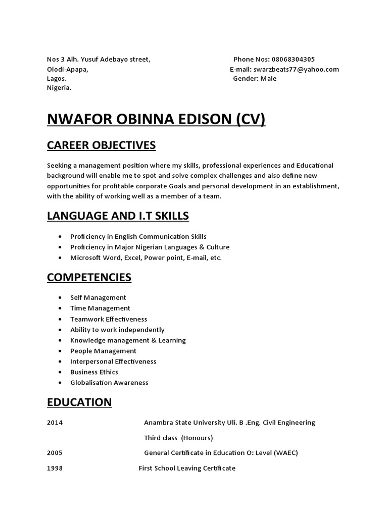 Obinna's CV | PDF | Cognition | Cognitive Science