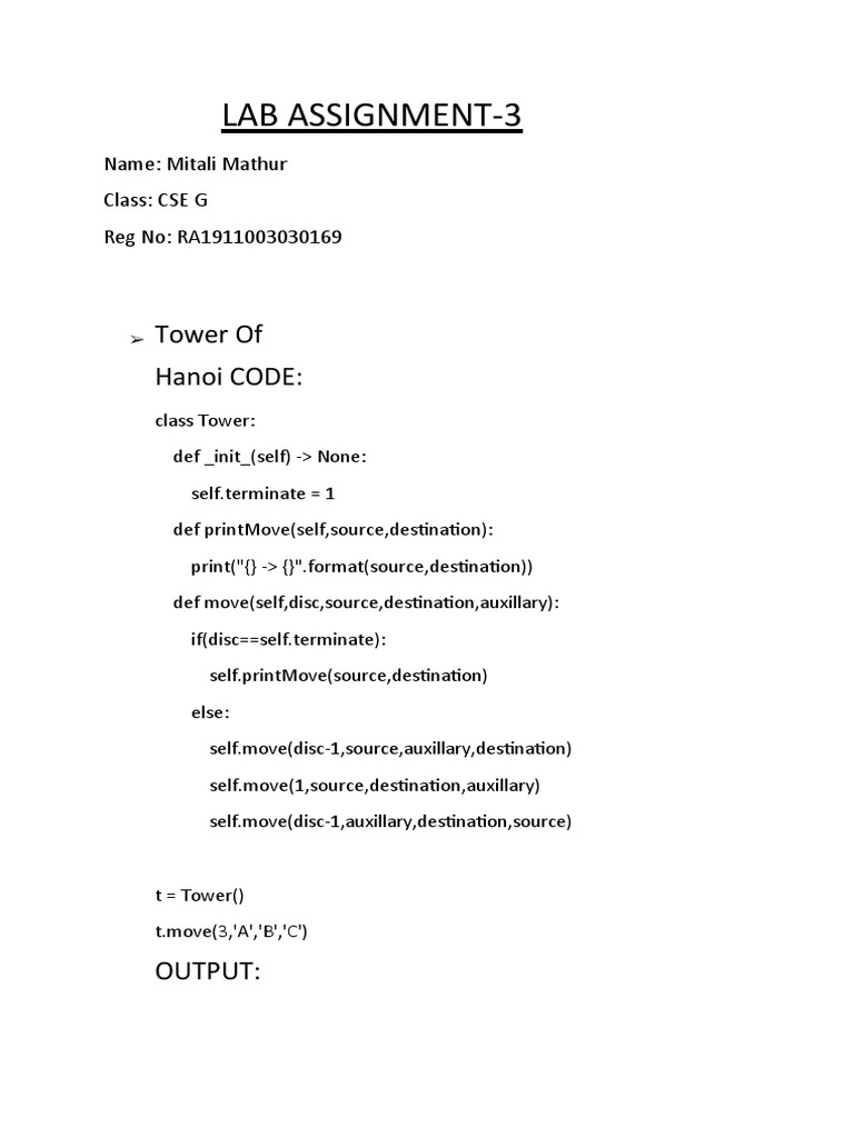 LAB Assignment-3: Tower of Hanoi CODE | PDF | Computer Programming | Software Engineering